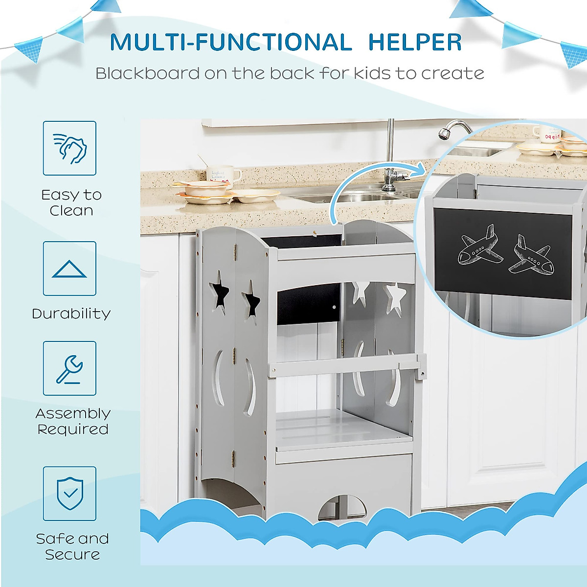 Qaba 2 in 1 Kids Foldable Kitchen Step Stool, Toddler Standing Tower with Chalkboard and Lockable Handrail for Children 3-6 Years Old, Gray