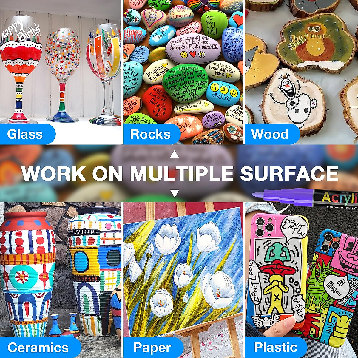 Acrylic Paint Pens Paint Markers Set of 18: Fine Point Paint Pens for Rock Painting Glass Wood Ceramic Fabric Metal Canvas Easter Eggs Pumpkin Kit, Drawing Art Crafts for Adults Scrapbooking Supplies