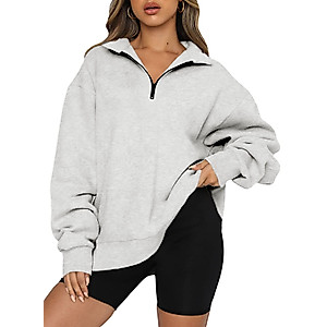BLENCOT Women Half Zip Oversized Sweatshirts Long Sleeve Solid Color Drop Shoulder Fleece Workout Pullover Gray L