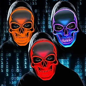 Lenwen 3 Pieces Halloween LED Mask Light up Scary Skull Face Cover Glowing Halloween Skull Cover for Cosplay Halloween Party Supplies Favor (Purple, Red, Orange), 9.6 x 6.7 inches