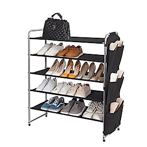 STORAGE MANIAC 5 Tier Shoe Rack with 6 Side Pockets, 23-Pairs Metal Shoes Organizer Free Standing Compact Shoe Storage Organizer Shoe Shelf for Closet Bedroom Entryway Hallway, Black