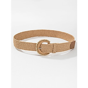 Verdusa Women's Round Buckle Straw Belts Boho Braided Waist Belt Khaki 100