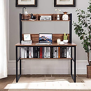 Tangkula Computer Desk with Hutch, Home Office Desk Study Writing Desk with Storage Bookshelves, Space Saving Computer Workstation for Home Office (Light Walnut)