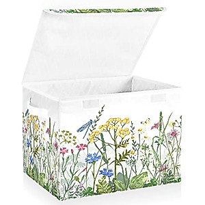 Kigai Collapsible Flowers Flying Insects Storage Basket with Lids and Handles,Storage Bins for Shelves Closet Bedroom,Office Storage