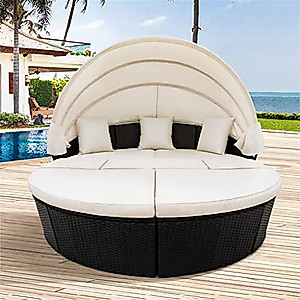 QUUL Rattan Daybed Sunbed Outdoor with Retractable Canopy Wicker Furniture, Round Outdoor Sectional Sofa Set, Black