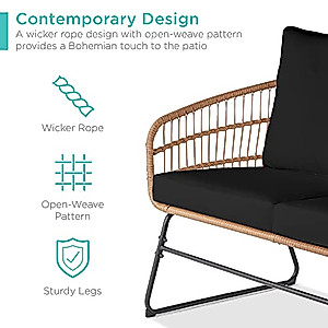Best Choice Products 4-Piece Outdoor Rope Wicker Patio Conversation Set, Modern Contemporary Furniture for Backyard, Balcony, Porch w/Loveseat, Plush Cushions, Coffee Table, Steel Frame - Black