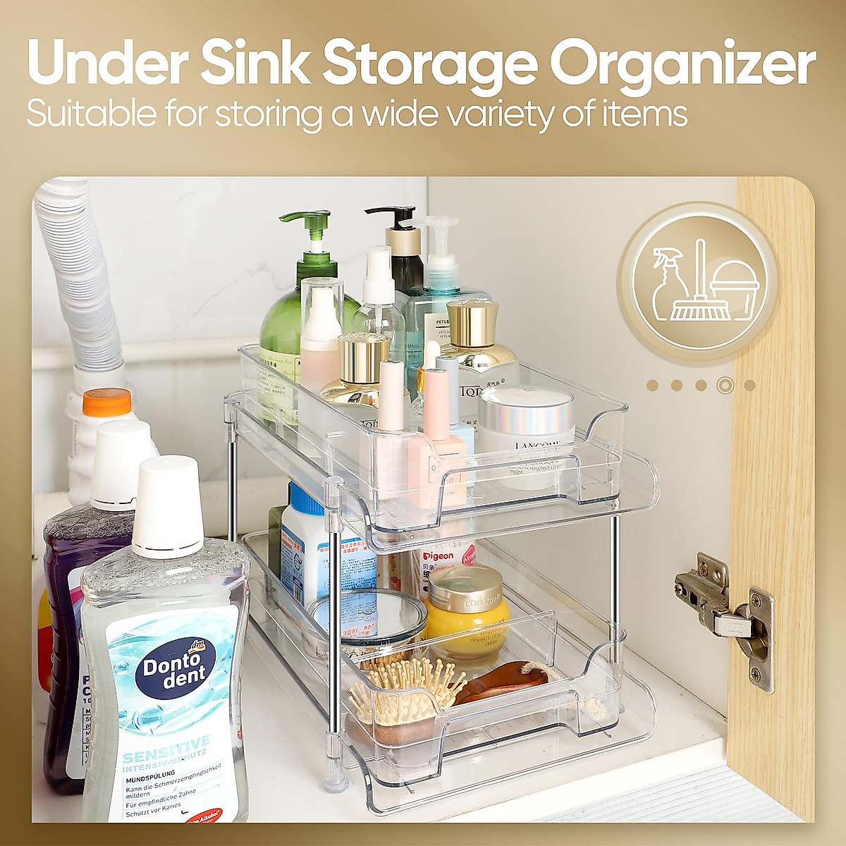 DAMEING Under Bathroom Sink Organizer, 2 Tier Clear Pull Out Storage Cabinet with Dividers, Multi-Purpose Organizer and Storage Bin for Home Medicine Snack Cosmetic