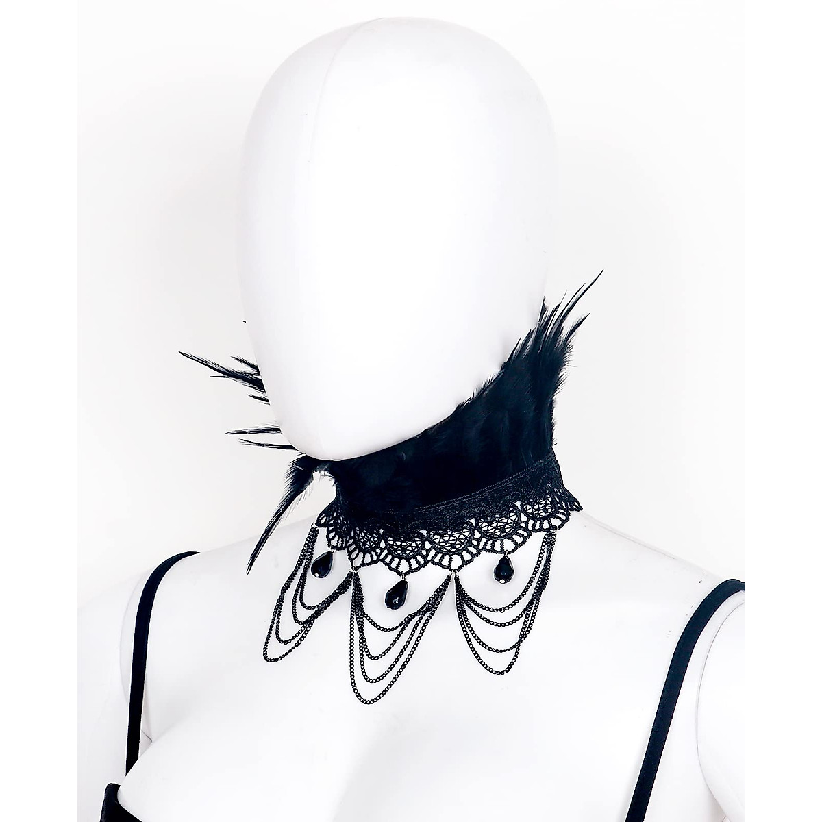 L'VOW Black Feather Choker Necklace Gothic Jewelry Vampire Neck Chain Steampunk Tattoo Lace Accessories Halloween Costume(Black-1)