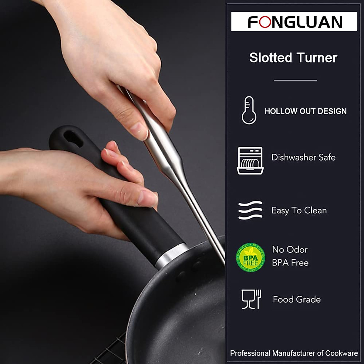 FONGLUAN Stainless-Steel Turner Spatula Set, Set of 2, Slotted Turner, Wok Spatula, Heavy Duty Metal Kitchen Utensils for Cooking