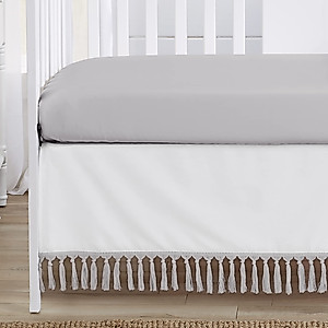 Sweet Jojo Designs Boho Bohemian Baby Boy Girl Nursery Crib Bedding Set - 4 pieces - Grey White Farmhouse Shabby Chic Designer Modern Minimalist Gray Tuft Tufted Tassel Fringe Macrame Cotton Neutral