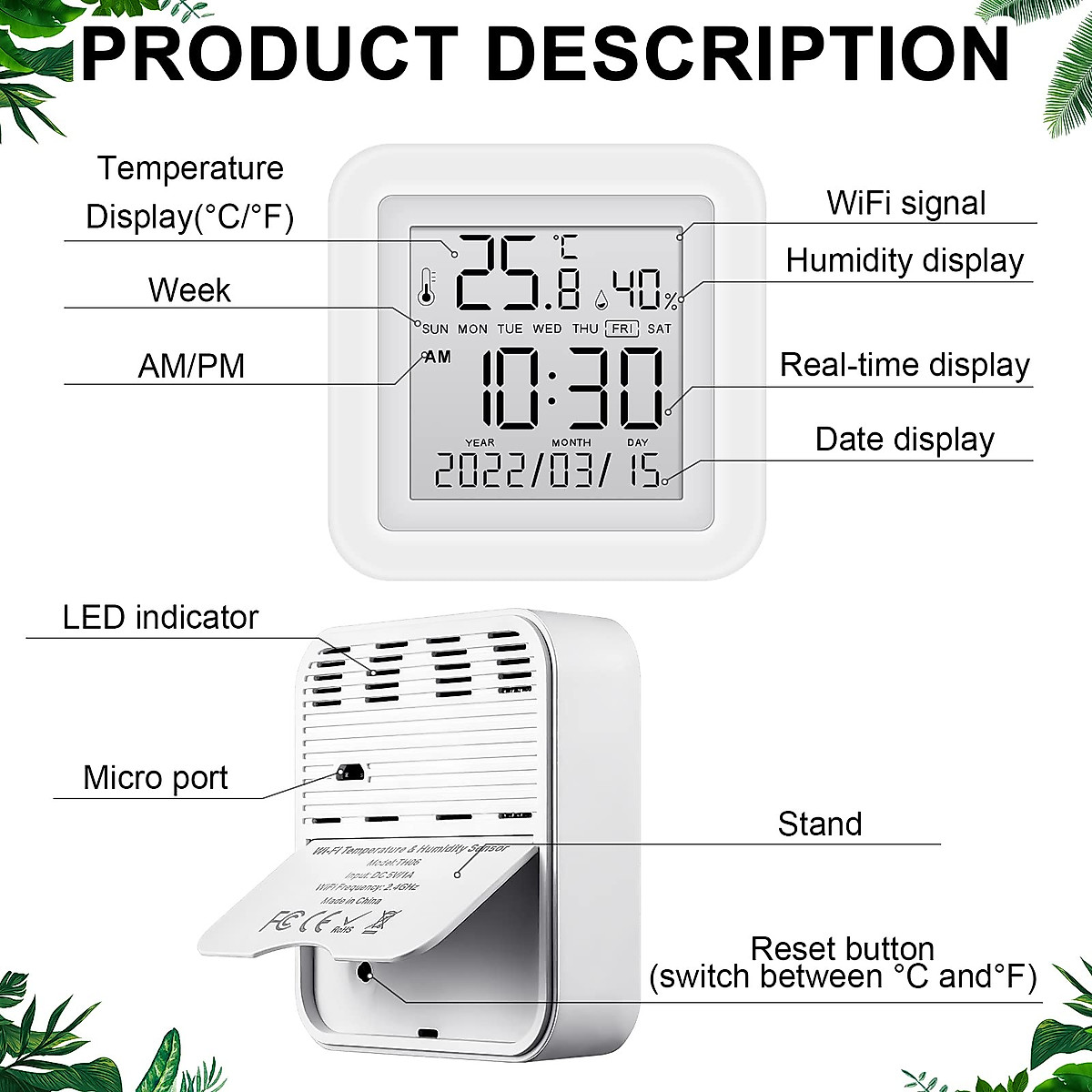 Flutesan 2 Pcs Smart Wireless Temperature Monitor Humidity Monitor Wireless Hygrometer Thermometer Digital Room Compatible with APP Notification Alert and LCD Display House