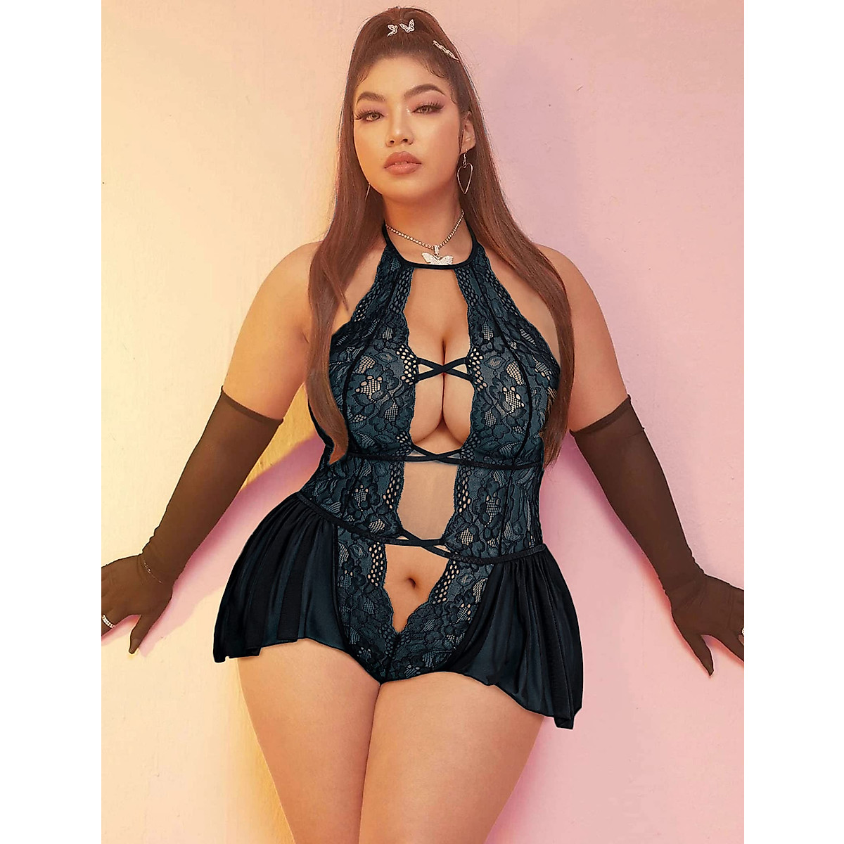 Avidlove Womens Plus Size Lingerie Lace Bodysuit Teddy Deep V One Piece Lace Babydoll Navy Blue