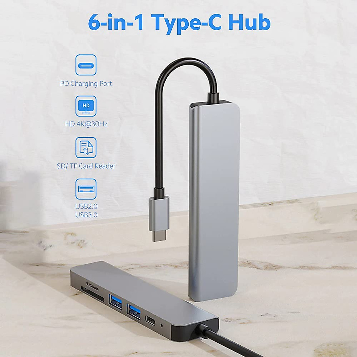 USB C Hub, 6-in-1 Type C Adapter Mini Docking Station with 4K HDMI, 2 USB 3.0 Ports, SD/TF Card Reader, 65W Power Supply Compatible with iPad Pro/MacBook/Type C Devices (USB-C-6 in 1)
