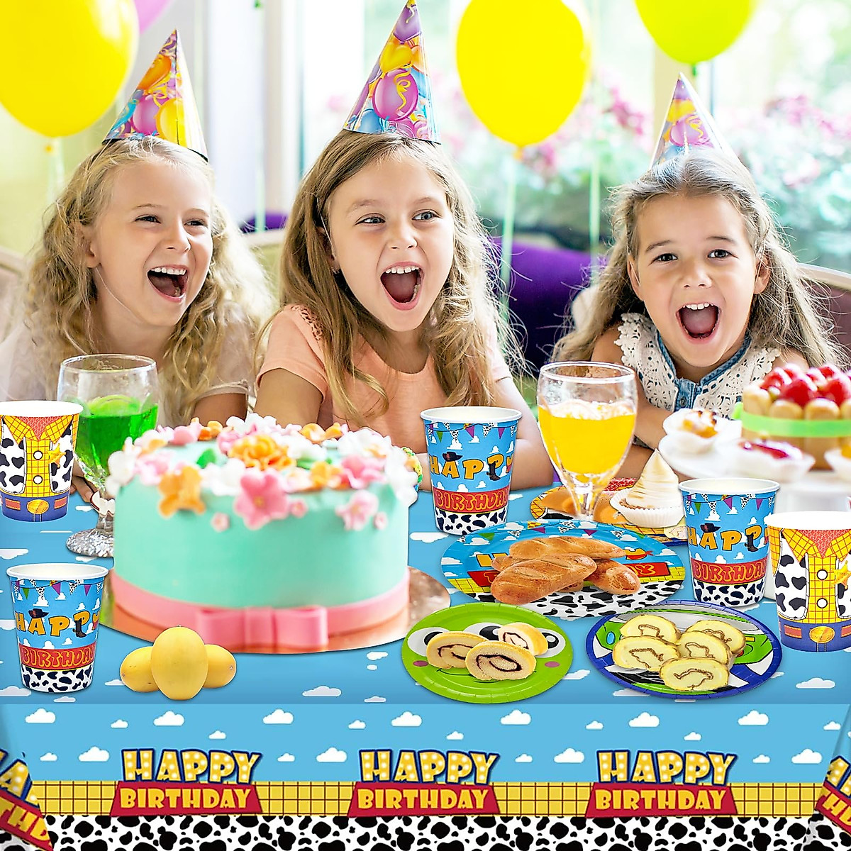 Toy Game Party Birthday Decorations, Toy Birthday Party Favors Supplies 97 Pcs Including Disposable Dinnerware Set Including Tablecloth, Paper Plates, Cups, Napkin, Serves 24 Guest