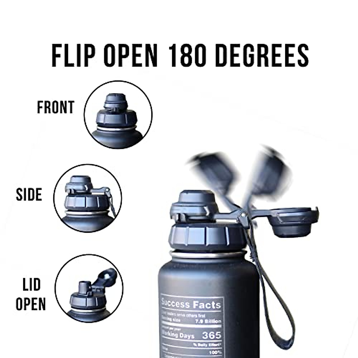 ARTS & CO. Success Facts Vacuum Insulated Stainless Steel Wide Mouth Leakproof Inspiration Sports Water Bottle 32 oz. (Deep Black)