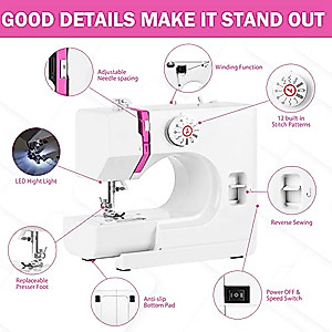Sewing Machine - Mini Sewing Machine for Beginners and Kids with 12 Built-in Stitches, Portable Sewing Machine with Adjustable 2 Speed and Foot Pedal Control, Perfect for Arts,Crafts & Sewing Projects - Pink Button