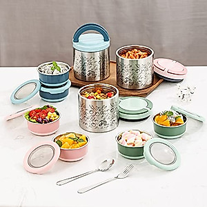 Lille Home Lunch Box Set, A Vacuum Insulated Bento/Snack Box Keeping Food Warm for 4-6 Hours, Two Stainless Steel Food Containers, A Lunch Bag, A Portable Cutlery Set (Pink)