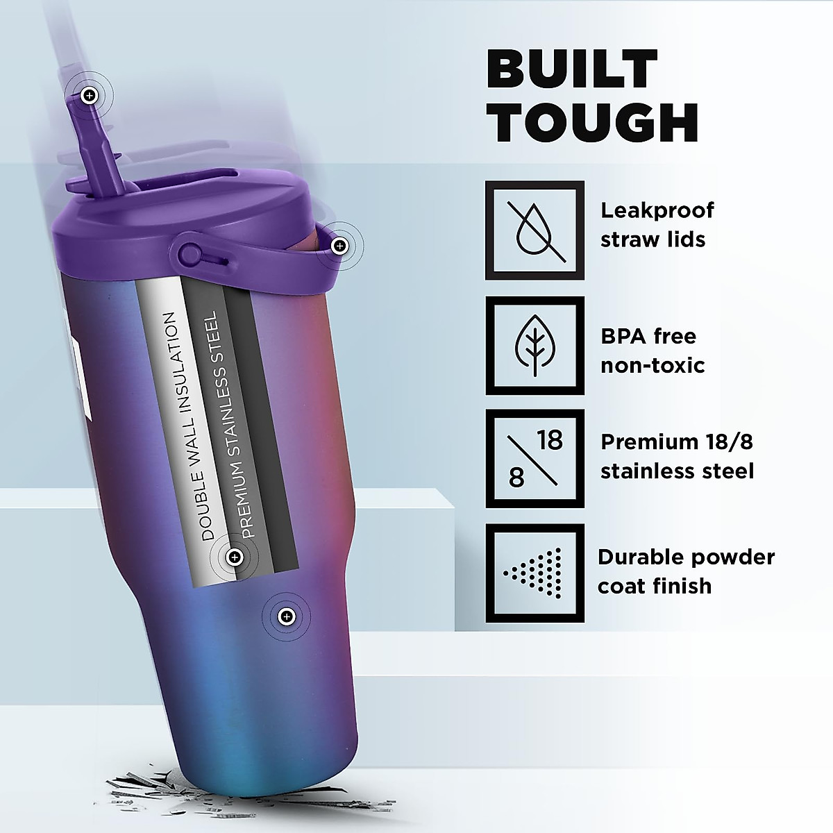 IRON °FLASK Sidekick Insulated Water Tumbler w/Straw & Foldable Handle - Stainless Steel Leak-Proof Bottle, Non-Slip Base & Fits Cup Holders for Hot, Cold Drinks - Travel Mug - 30 Oz, Aurora