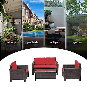 Homall 4 Pieces Outdoor Patio Furniture Sets Rattan Chair Wicker Conversation Sofa Set, Outdoor Indoor Backyard Porch Garden Poolside Balcony Use Furniture (Red)