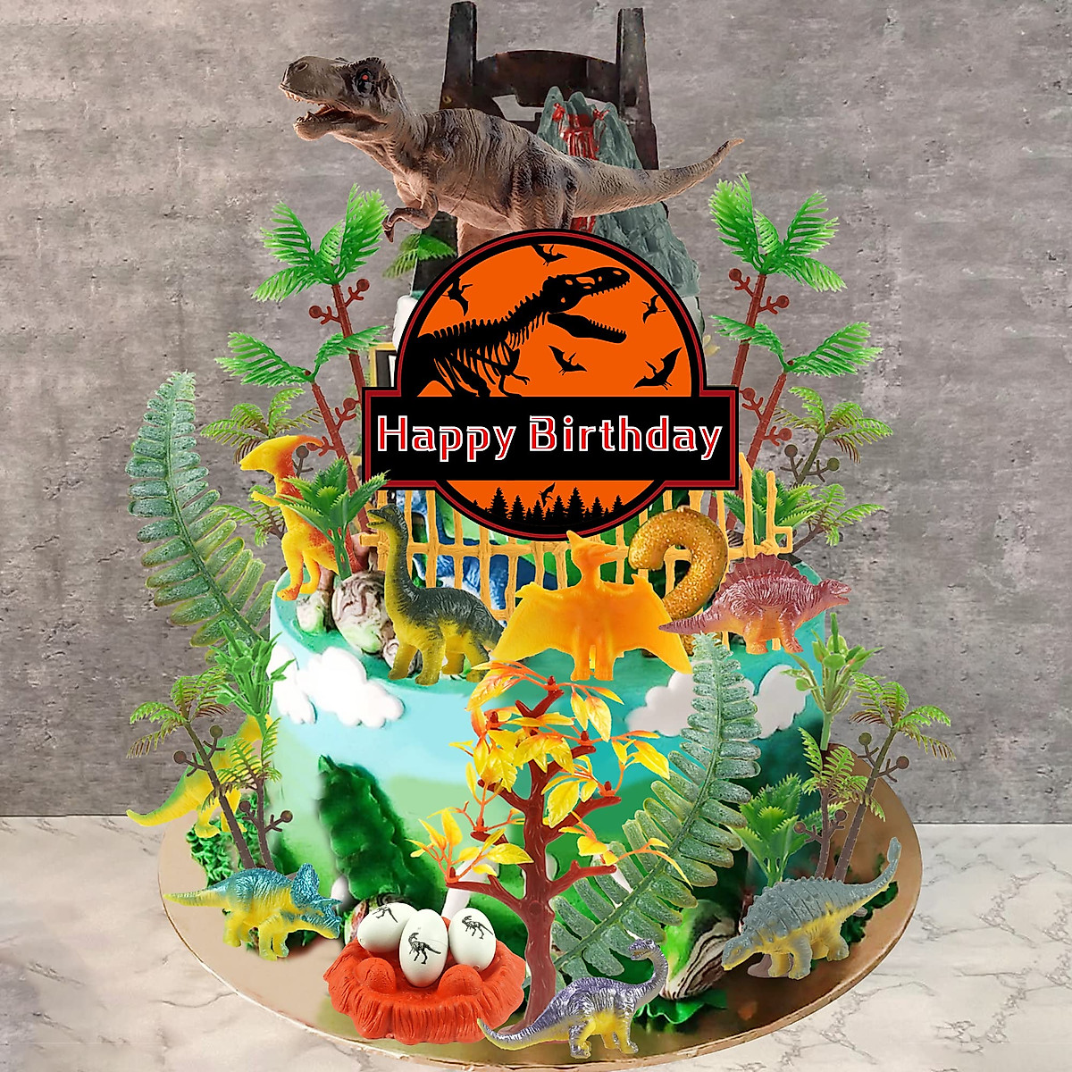 46 PCS Dinosaur Toy Model Trees Set Dinosaur Cake Toppers Dinosaur Figures Cake Decoration for Boy Girl Birthday Baby Shower Theme Party Favors Supplies
