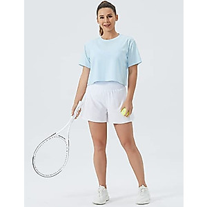 THE GYM PEOPLE Women's Workout Crop Top T-Shirt Short Sleeve Boxy Yoga Running Cropped Basic Tee Light Blue