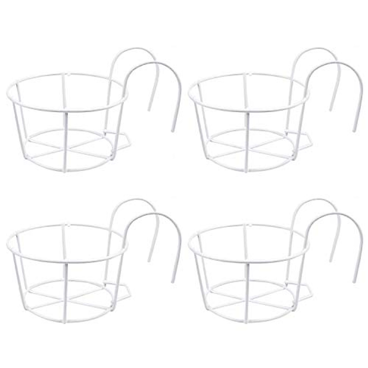 4 Pack Round Hanging Railing Planters, Flower Pot Holders Metal Pot Plant Basket, Shelf containers for Indoor and Outdoor use (White)