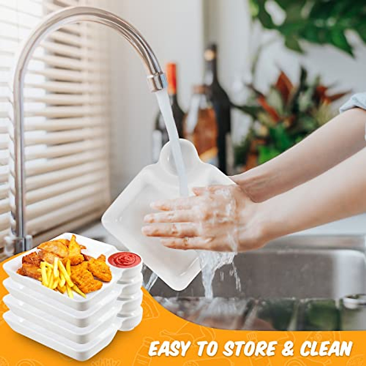 Mumufy 8 Pcs Chip and Dip Serving Set Serving Dishes Plastic Serving Platter Dumpling Plate with Sauce Compartment Japanese Plates Small Dip Tray for Sushi Taco Salsa Snack Food (White)