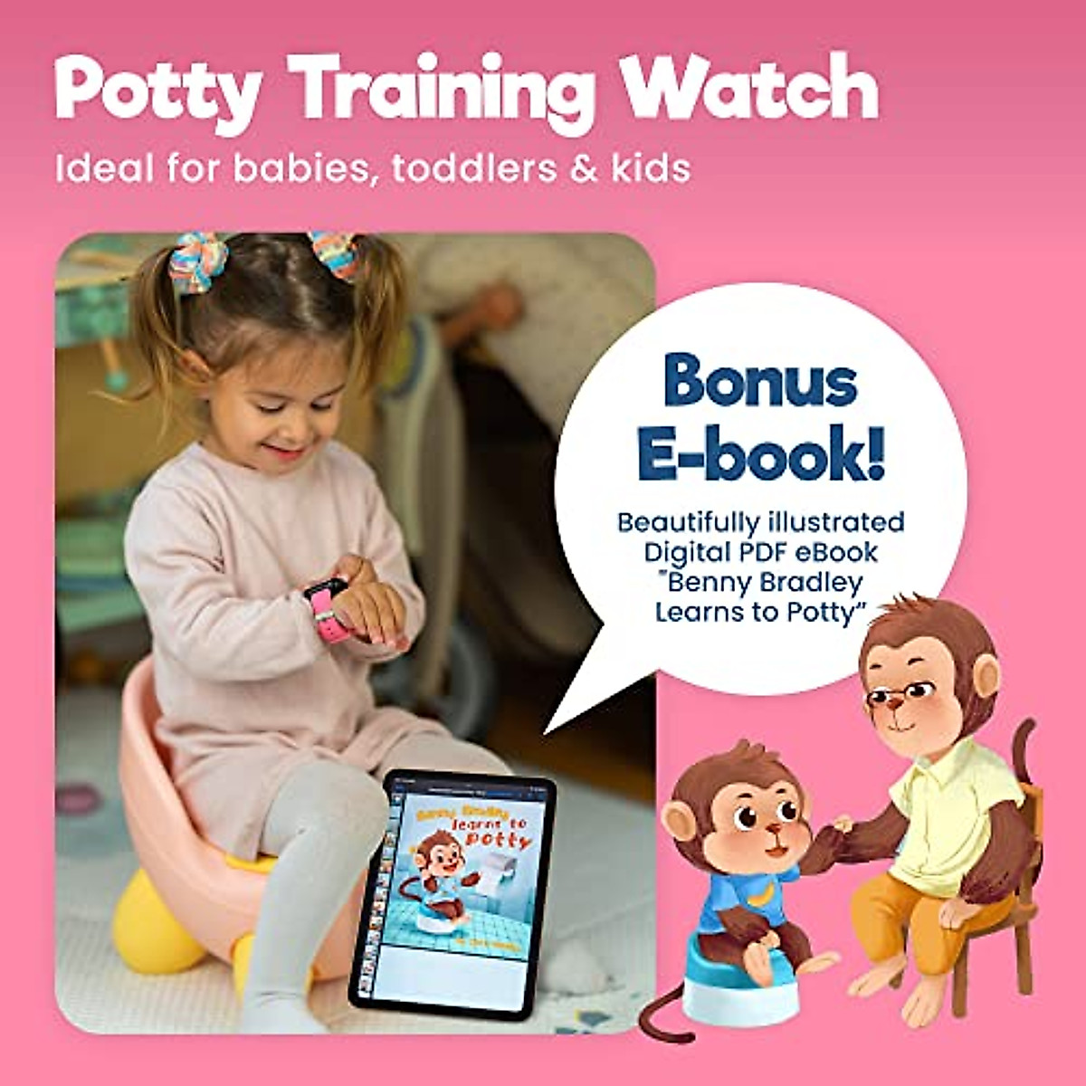 Potty Training Watch for Kids V2 – A Water Resistant Potty Reminder Device for Boys and Girls to Train Your Toddler with Fun/Musical and Vibration Interval Reminders with Potty Training eBook (Pink)