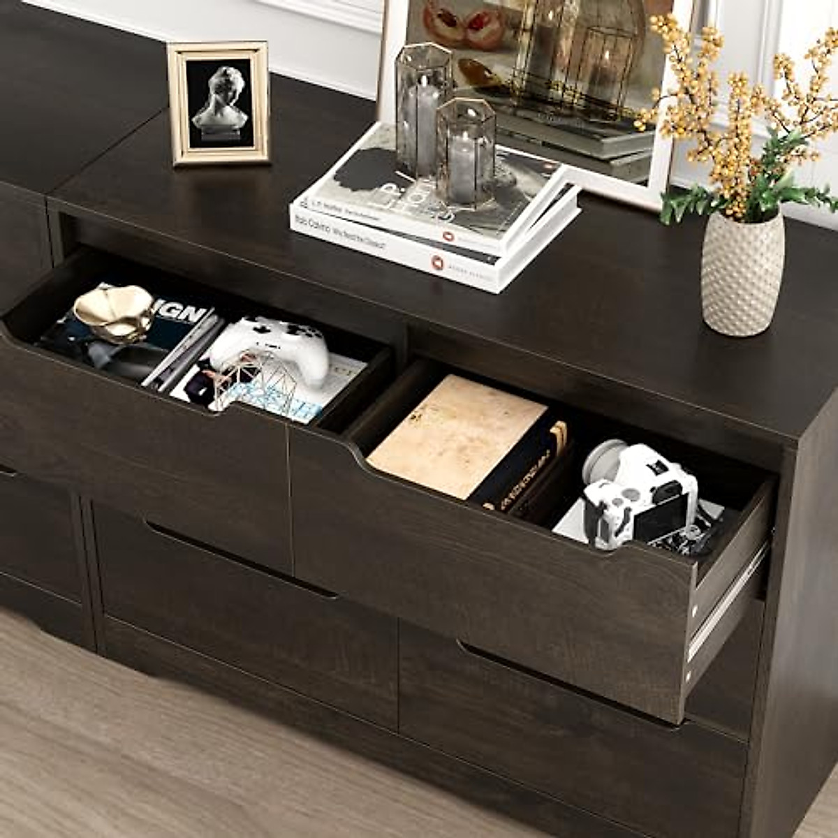 HOSTACK Modern 6 Drawer Dresser for Bedroom, Double Chest of Drawers with Storage, Large Wooden Storage Dresser Organizer with Cut-Out Handle, Accent Storage Cabinet for Living Room, Dark Brown