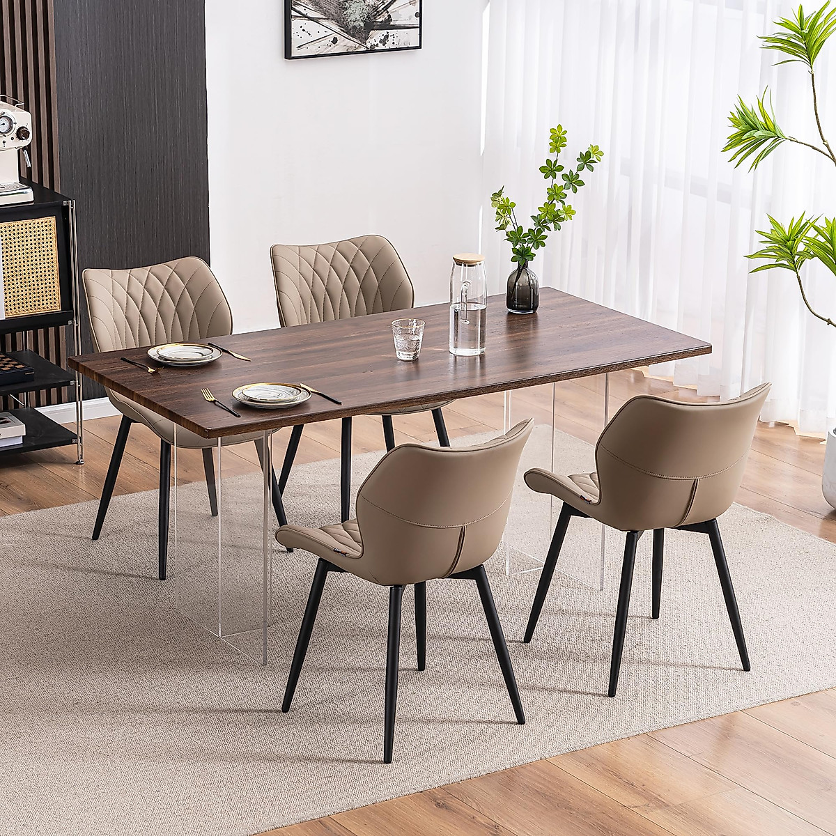 YOUNIKE Dining Chairs Set of 2, Upholstered Leather Kitchen Dining Room Chairs, Modern Living Room Bedroom Side Chairs with Wide Curved Back and Metal Legs, Kitchen Chairs Khaki Taupe