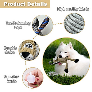 Fenice Dog Toys 2-Pack Set, Squeaky Plush Dog Toys, Puppy Chew Toys for Teething, Durable Interactive Dog Rope Toy Stuffed Elephant & Lion for Aggressive Chewers, Tug of War Plush Dog Toys