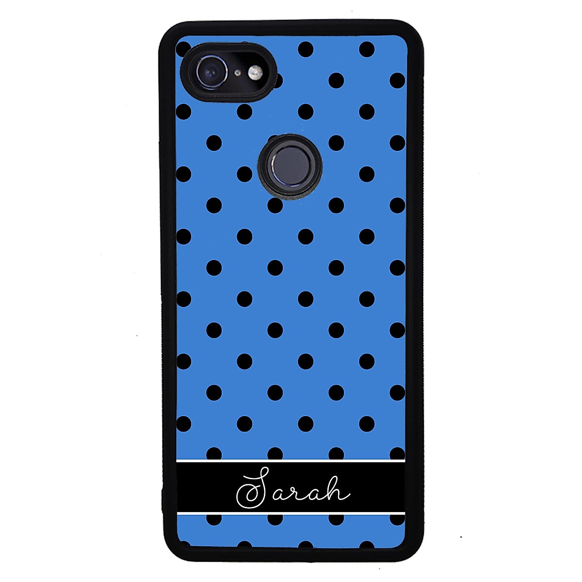 Blue Black White Polka Dot Personalized Black Rubber Phone Case Compatible With Google Pixel 8 Pro, 8a, 8, 7a, 7, Pixel 7 Pro, 6a, Pixel 6 Pro, 6, Pixel 5, 4a 5G, 4a 4G, 4, 4 XL, 3a, 3a XL, 3, 3 XL