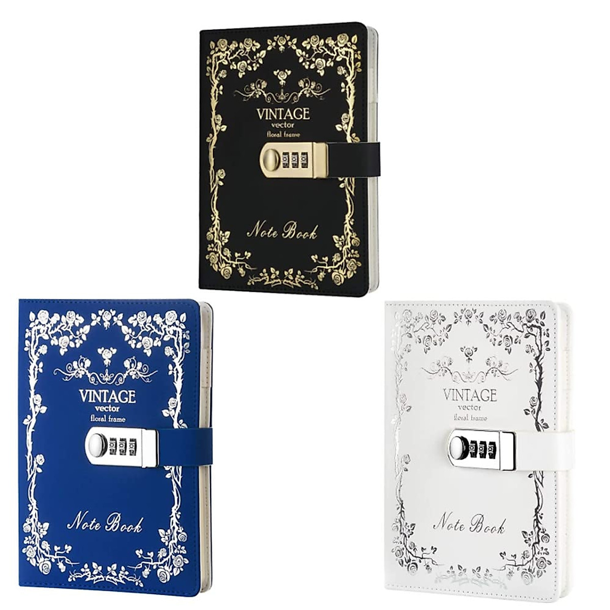 JunShop Lock Journal Diary Digital Password Notebook Leather Binder Diary with Combination Lock Print Bronzing (Blue)