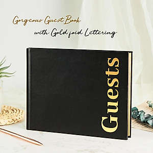 JUBTIC Guest Book: Premuim Keepsake for Life's Special Events - Sign in Book for Wedding Reception, Baby Shower, Funeral and Birthday Party - 100 Pages, Leather's Cover, Gold Foil (Black, 7" x10″)