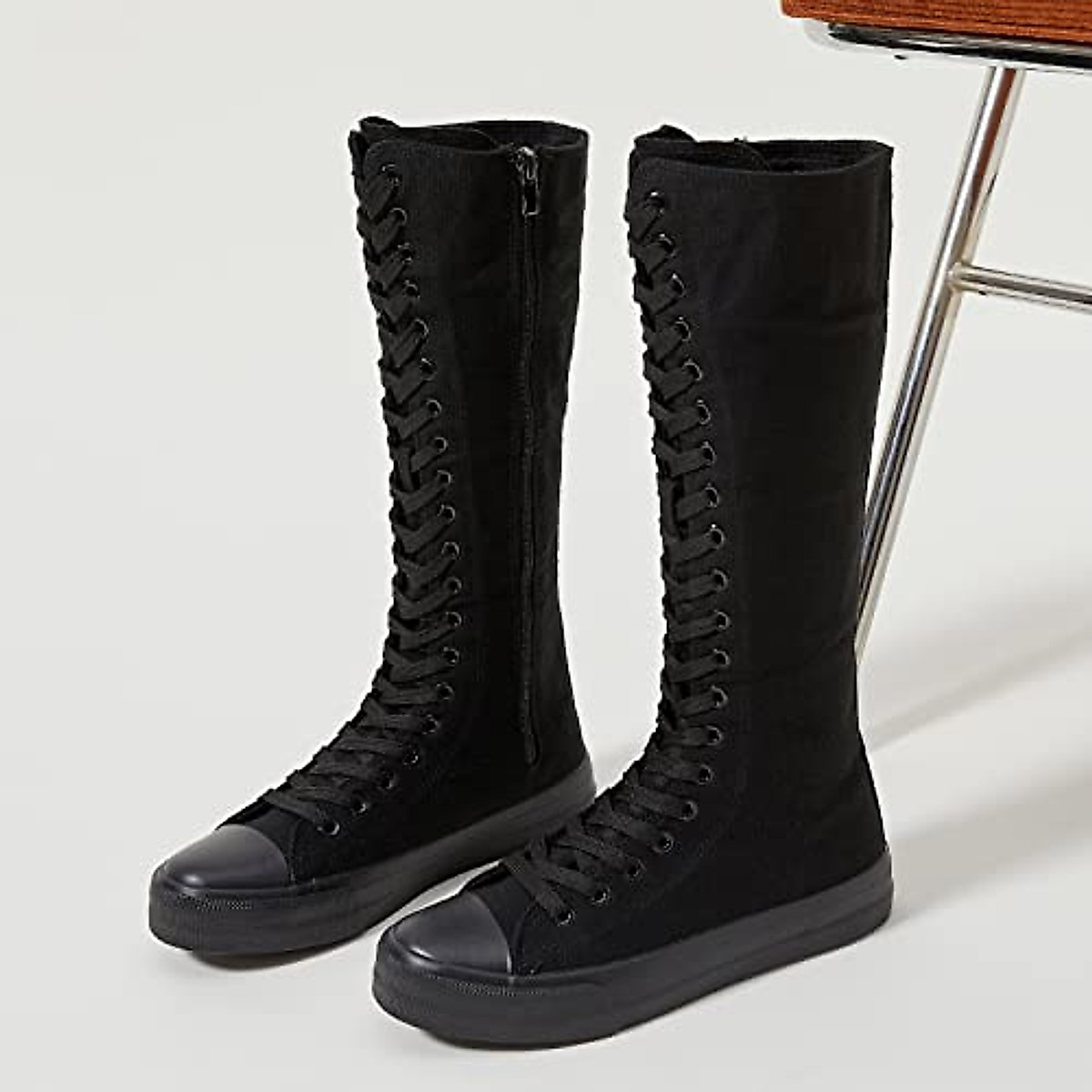 ZGR Women’s Canvas High Top Shoes Knee High Boots Fashion Girl Fancy Scool Shoes White And Black Lace Up Zipper Sneakers For Women(Black;US09.5)