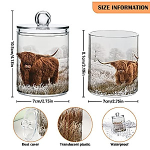 Scottish Highland Cow Qtip Dispenser Apothecary Jars Qtips Holder Bathroom Storage Canister Plastic Jar 10 Oz for Cotton Ball Swab Round Pads Floss 2pcs