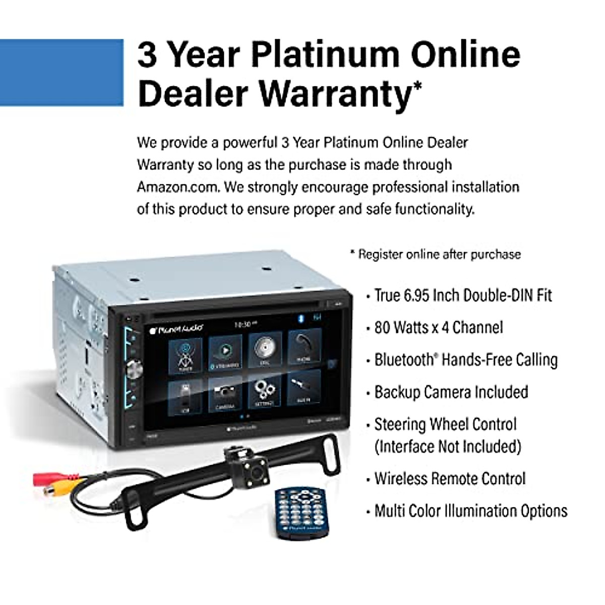 Planet Audio P9695BRC Car DVD Player - A-Link (Screen Mirroring), Bluetooth Audio and Hands-Free Calling, 6.95 Inch LCD Touchscreen, Double Din, DVD, CD, USB, SD, Aux AV in, Backup Camera Included