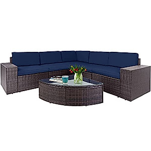 SOLAURA Outdoor Patio Furniture Set 6-Piece Brown Wicker Conversation Sets Modular Sectional Sofa Set with Glass Coffee Table (Navy Blue)