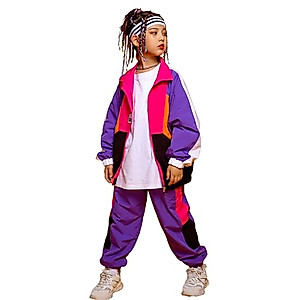 LOLANTA Boys' Girls' Color Block Jacket Track Pants Sets Dance Outfits Sportswear Unisex (8-10, purple)
