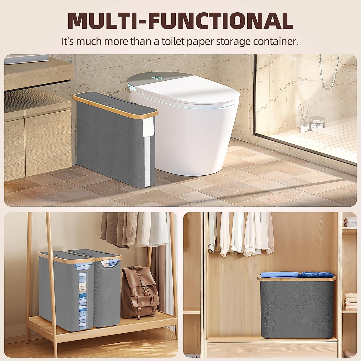 Foldable Toilet Paper Storage Basket with Lid and Handle for 12 Rolls, Waterproof Free Standing Toilet Paper Holder Stand, Bathroom Organizer Cabinet Container, Toilet Tissue Storage Bin for RV Closet