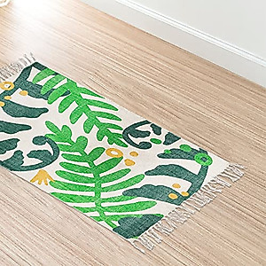 Green Philosophy Into The Fronds Handwoven Floral Leaf Cotton Area Rug 2'x3' Floor Carpet with Tassels Washable Green Accent Boho Home Decor Gift Throw Runner for Entryway Bedroom Living Room Kitchen