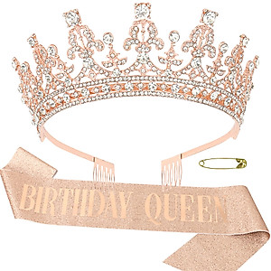 CURASA Rose Gold Birthday Queen Crown and Sash Birthday for Women Birthday Crowns Decorations Birthday Tiara and Sash for Women Princess Tiara with Comb Princess Crown Girl Tiara Party for Girls