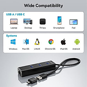 TECKNET USB to Ethernet Adapter, USB C to Ethernet, Aluminum 3 Port USB 3.0 Hub with RJ45 10/100/1000 Gigabit Ethernet Adapter Converter LAN Wired, USB Network Adapter with USB C Adapter for Laptop