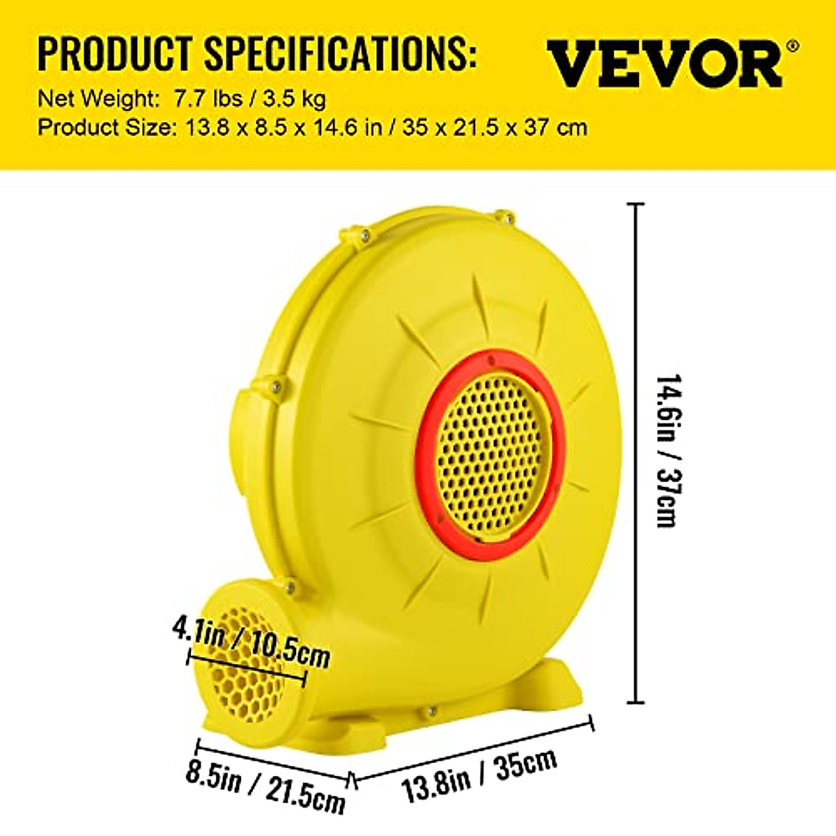 VEVOR Air Blower, 450W 0.6HP Inflatable Blower, Portable and Powerful Bounce House Blower, 1750Pa Commercial Air Blower Pump Fan, Used for Inflatable Bouncy Castle and Jump Slides, Yellow