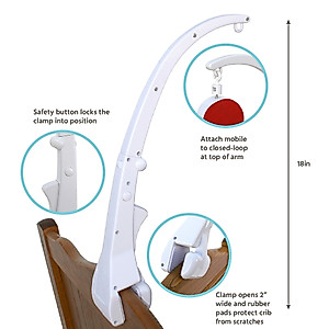 J.L. Childress Portable Crib Mobile Arm - 18 inch Foldable Arm with Attachment Clamp - Great for Travel - Rubber Padding to Protect Crib Railing - White