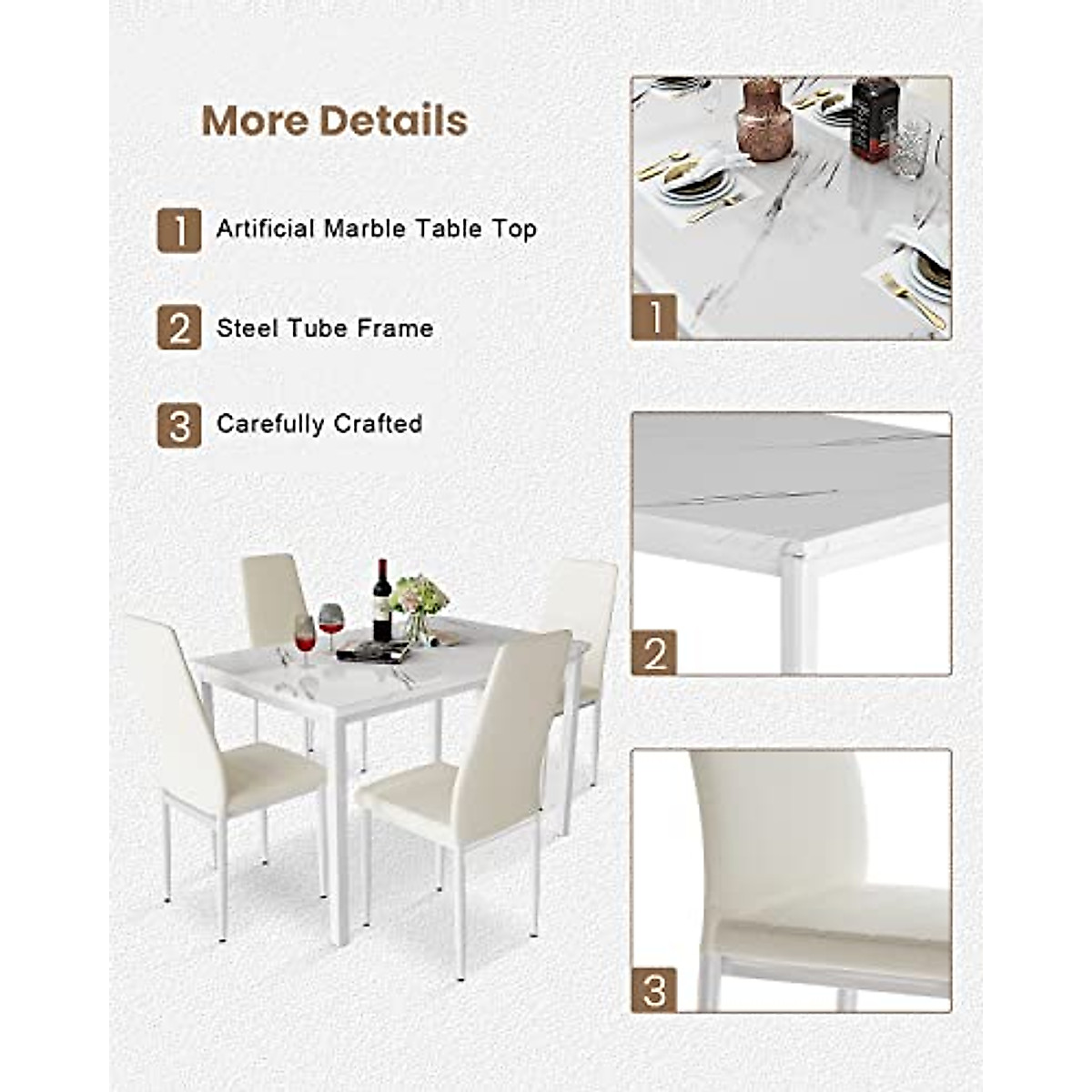Recaceik Furniture 5 Piece Faux Dining Set, Modern Kitchen Table Marble Top and High Chairs for Breakfast Nook Small Spaces Beige