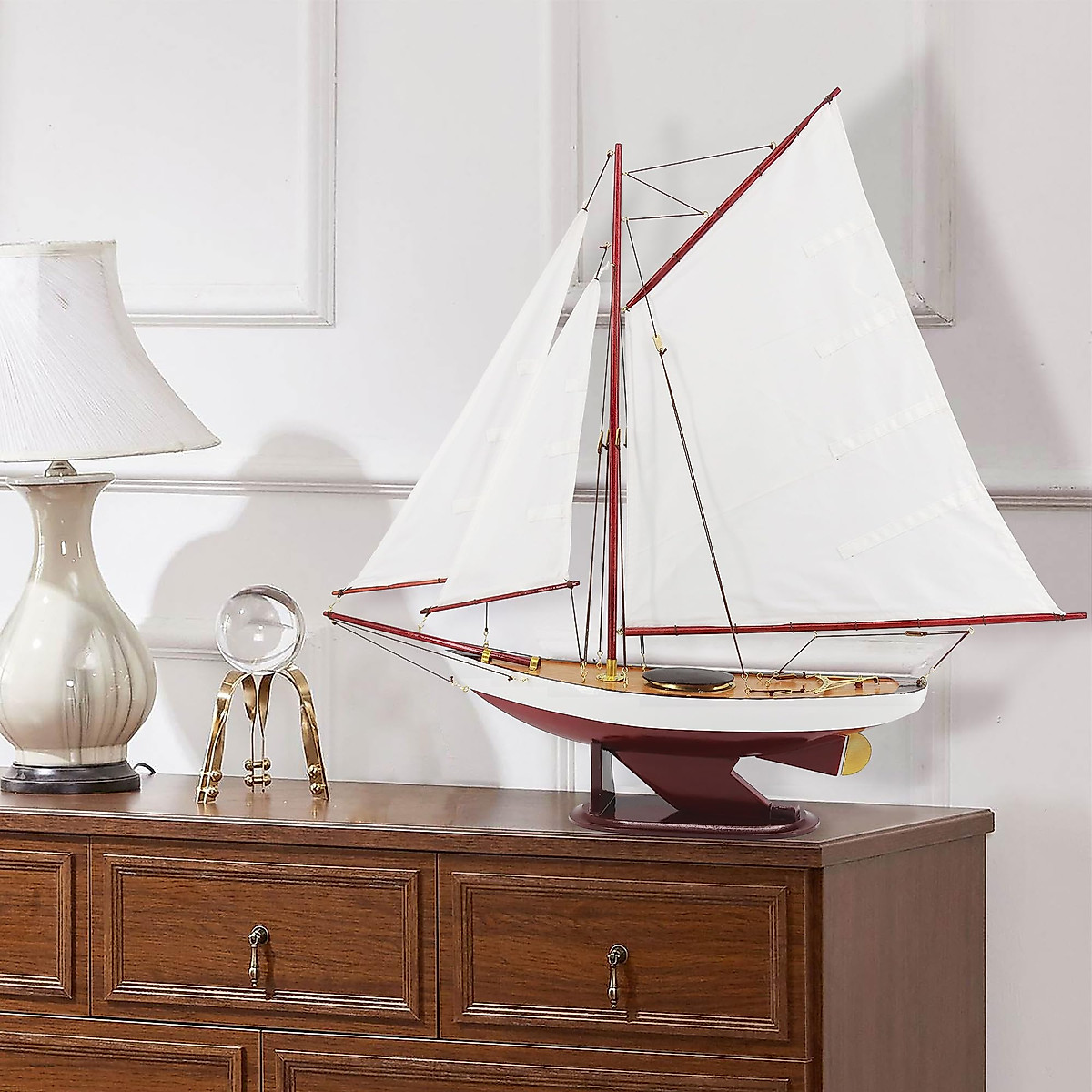 NAUTIMALL 26" Wooden Sailboat Decor Model Ship Model Bermuda Sloop Boat Model Handmade Nautical Modern Yacht sail Boat Schooner Model Coastal Home Decor Coastal Gift Scale