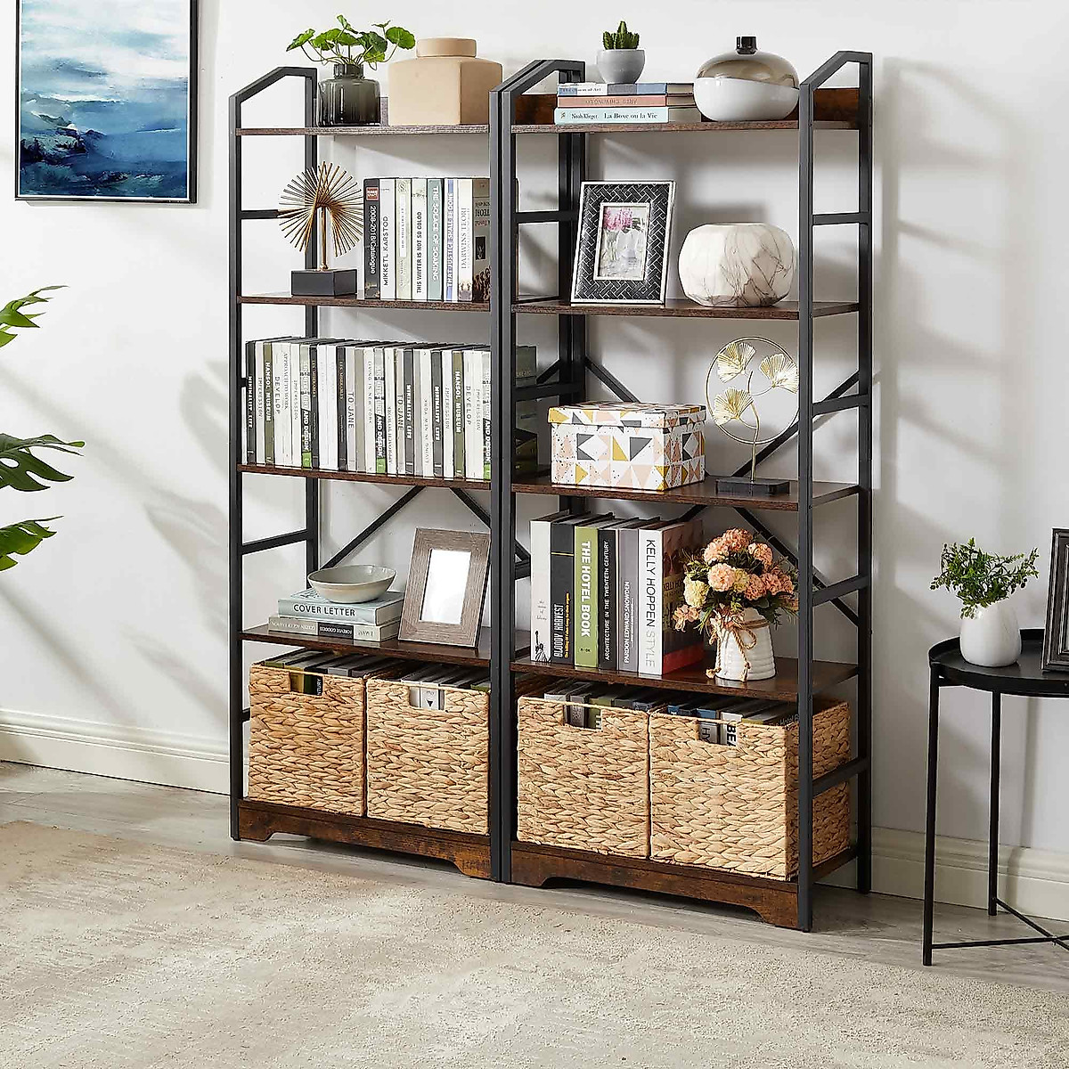 Vagusicc 5 Tier Bookshelf with 2 Storage Baskets, Tall Bookcase Shelf Storage Organizer Wood Book Shelf, Modern Shelf Rack Shelves with Steel Frame, Multipurpose Bookshelf for Bedroom Living Room