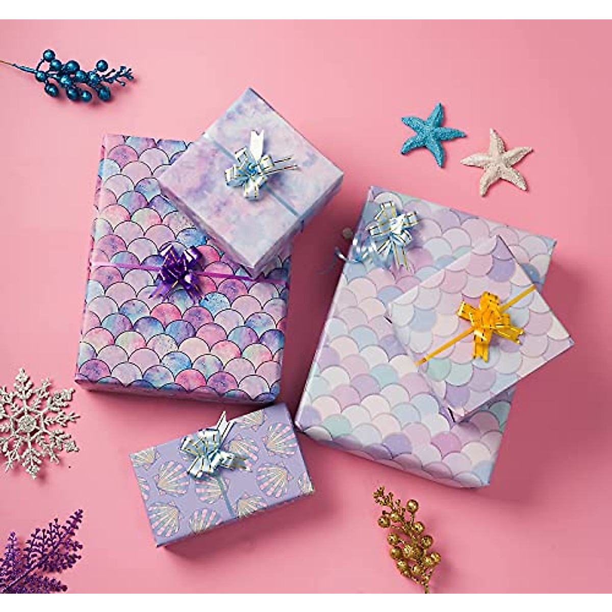 Birthday Wrapping Paper for Girls Women Kids Baby Shower Shining Mermaid Scale Scallop Pink Galaxy 4 Style Gift Wrap Paper for Graduation Wedding Anniversary 12 Folded Sheets 20.5 * 28.7 inch