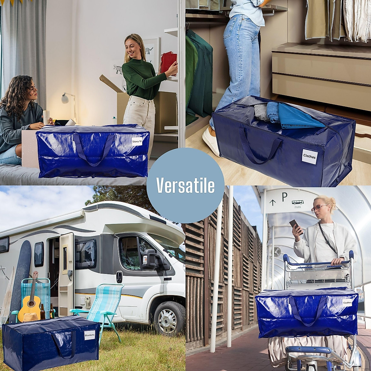 VENO Heavy Duty Extra Large Moving Bags W/ Backpack Straps Strong Handles & Zippers, Storage Totes For Space Saving, Fold Flat, Alternative to Moving Box, Made of Recycled Material (Blue - Set of 10)